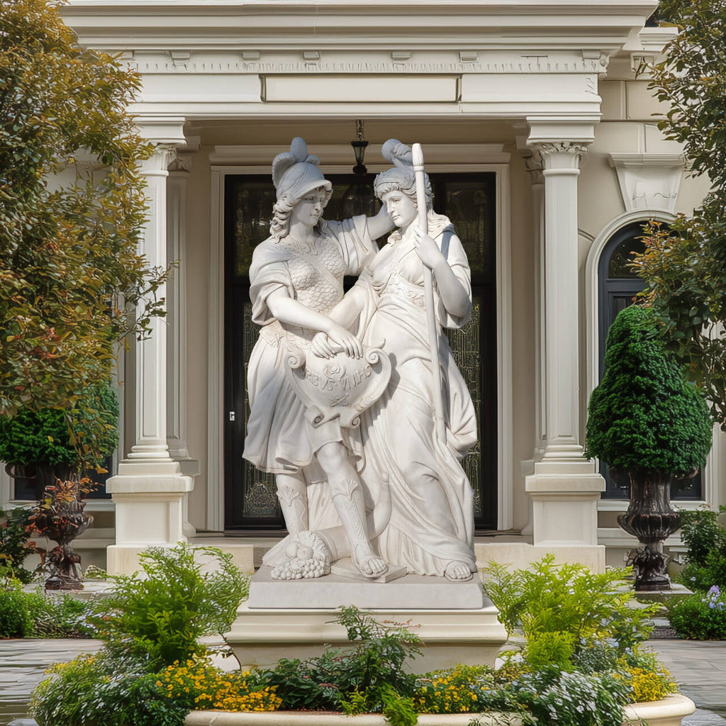 FINEST Marble Statue of Female Warrior with Shield and Companion Outdo