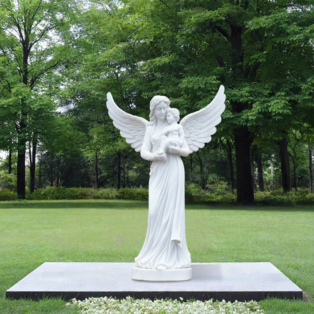 FINEST White Marble Angel Statue Holding Child for Memorial and Garden