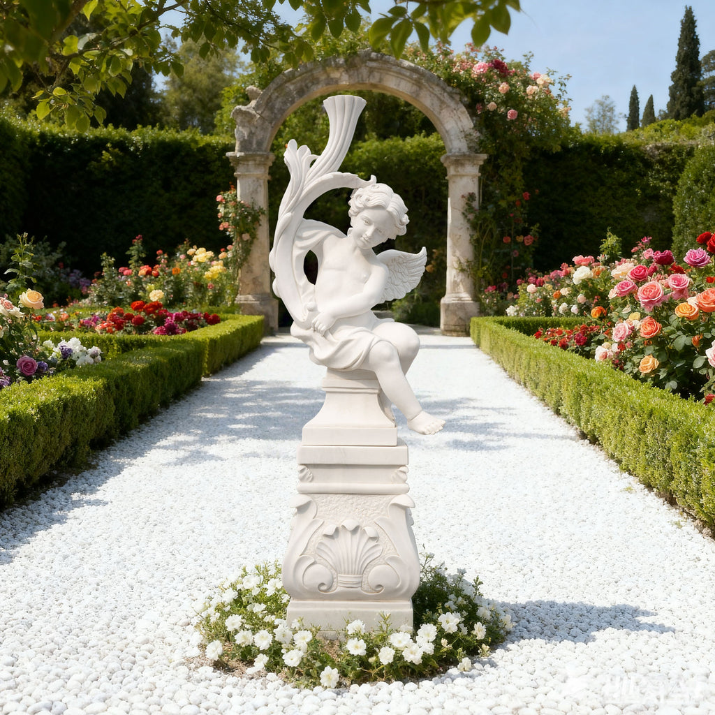 FINEST White Marble Angel Cherub Statue Hand Carved Classical Outdoor